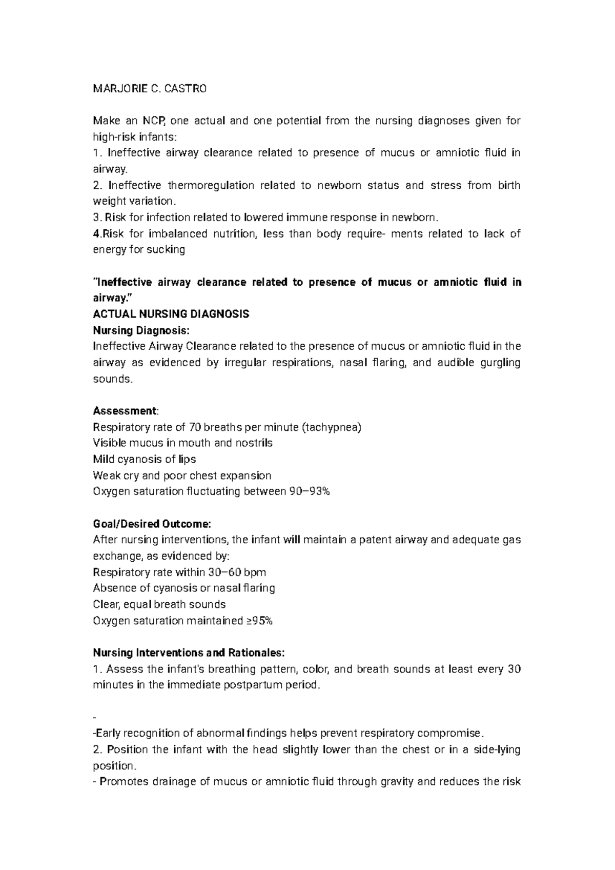 NCP Examples for Nursing Diagnoses in Infants: Actual & Potential - Studocu