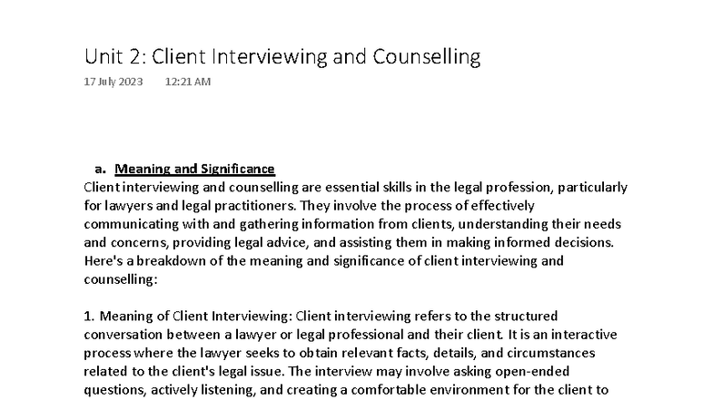 Unit 2: Client Interviewing & Counselling Overview and Techniques - Studocu