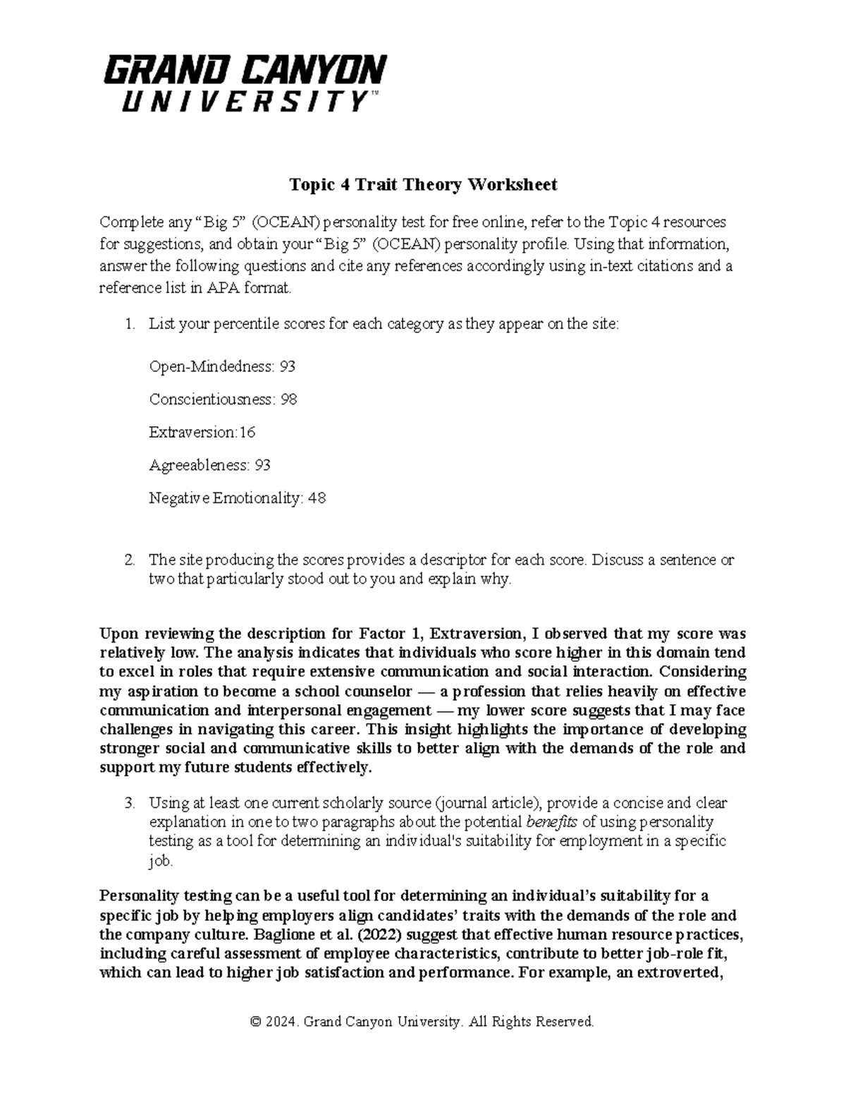 PSY 255 RS T4 Big Five Personality Theory Worksheet & Analysis - Studocu