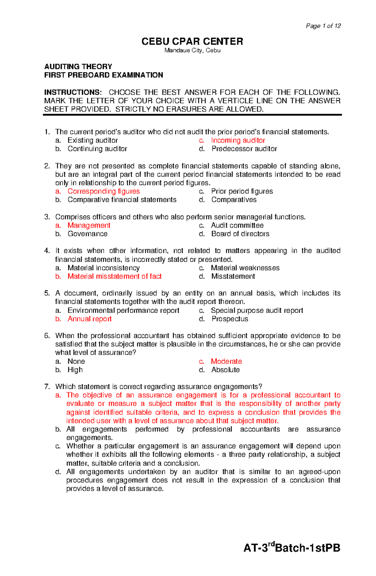 Pdfcoffee - BSA - rd CEBU CPAR CENTER Mandaue City, Cebu AUDITING THEORY FIRST PREBOARD ...