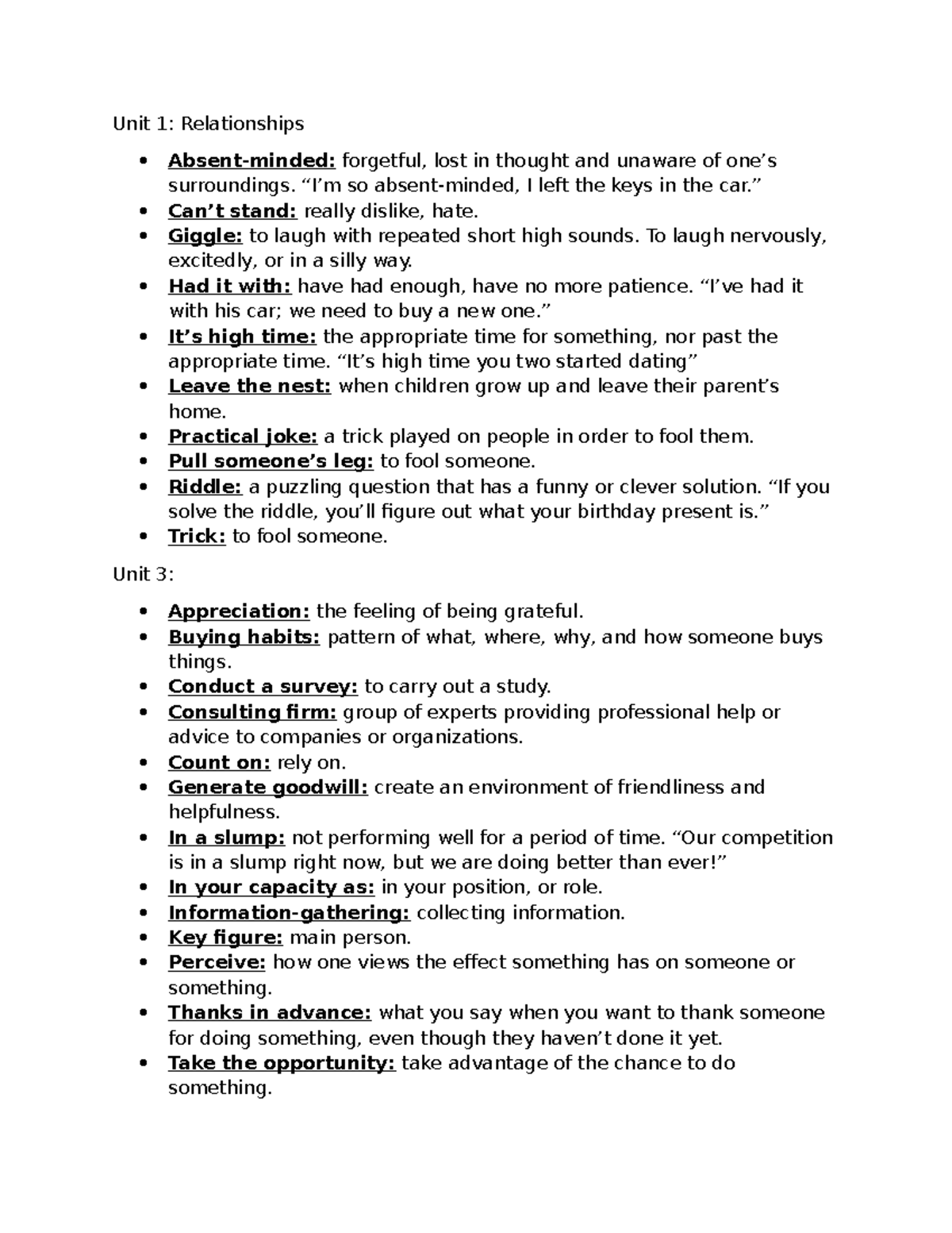 Advanced 3 Vocabulary: Units 1-9 Key Terms and Concepts - Studocu