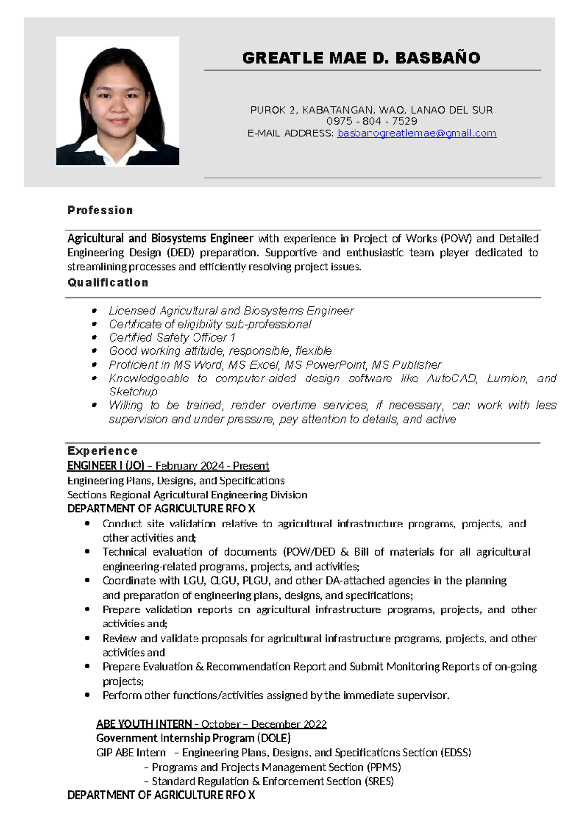 CV of Greatle Mae D. Basbaño - Agricultural & Biosystems Engineer - Studocu