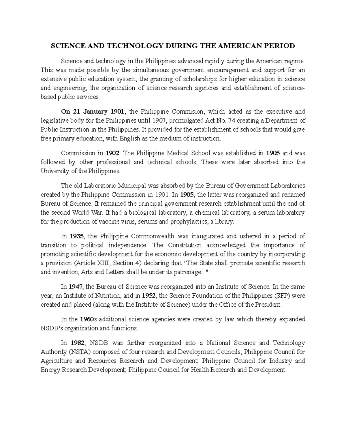 Science AND Technology During THE American Period - SCIENCE AND ...