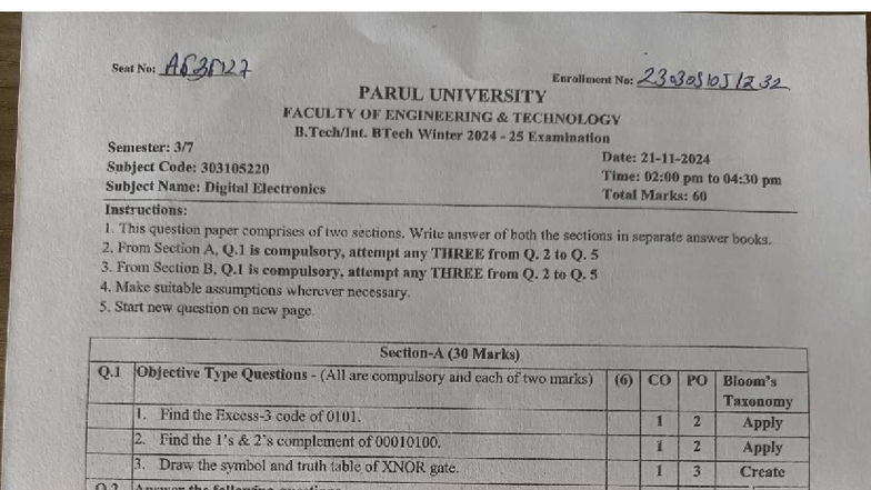 Digital Electronics Exam Paper 303105220 - BTech Winter 2024 - Studocu