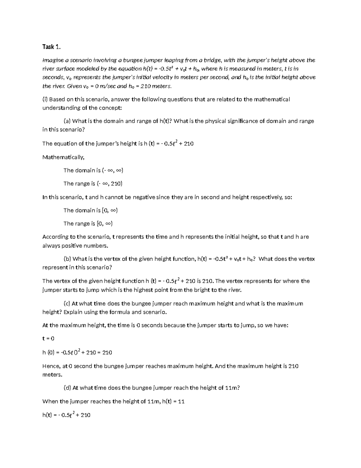 College Algebra - Math Assignment Unit 3: Bungee Jump & Road Planning ...