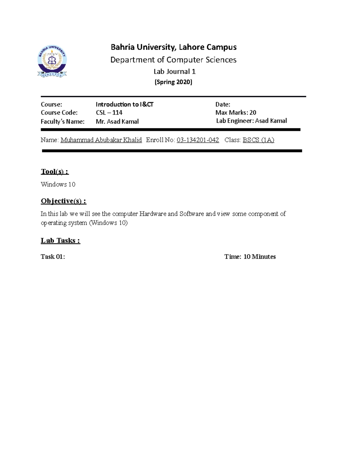 Lab Journal 1 - CSL-114 - Introduction to I&CT Lecture Notes - Studocu
