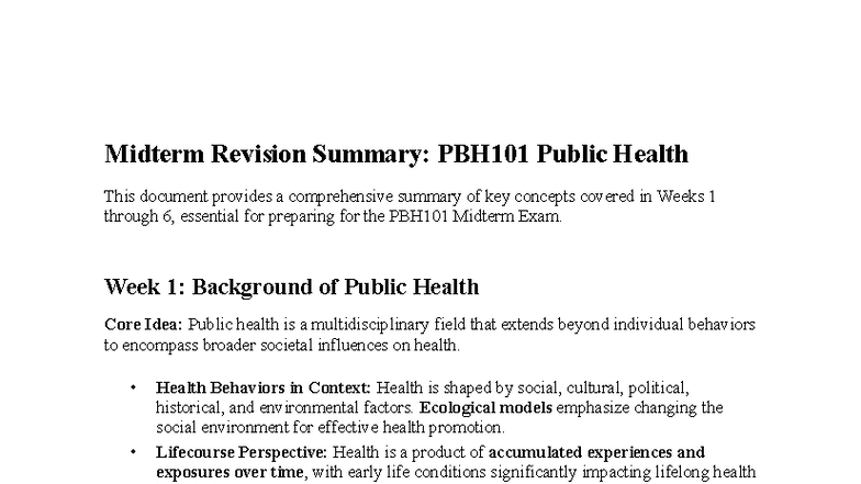 Midterm Exam Review: Key Concepts for PBH101 Public Health - Studocu