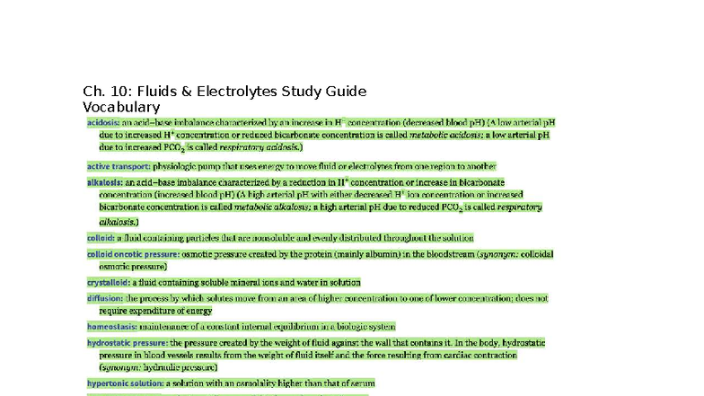 Ch. 10- Fluids & Electrolytes Study Guide - NRSG 2630 - Ch. 10: Fluids ...