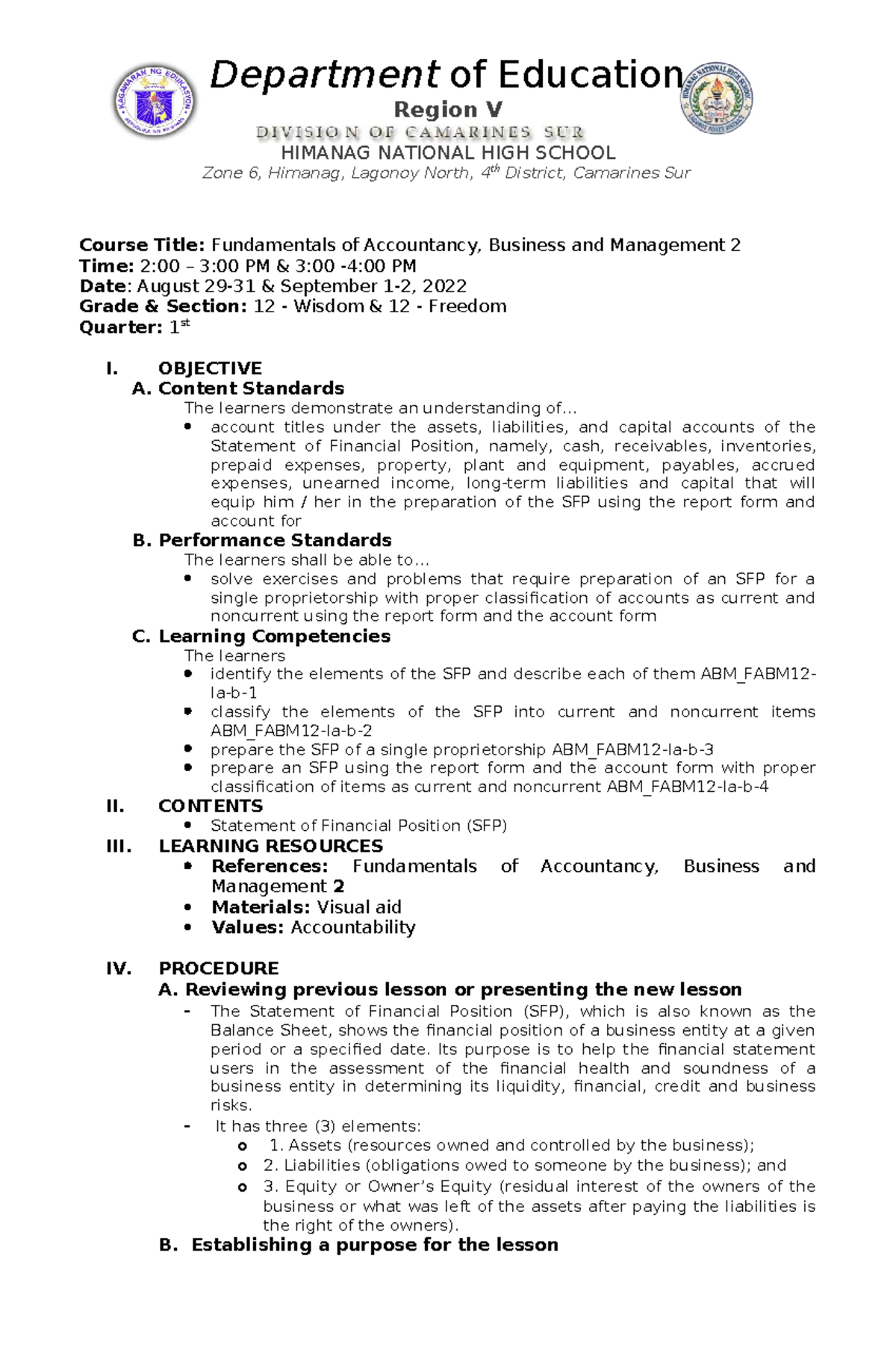Lesson Plan in ABM 2.1: Statement of Financial Position (SFP) - Aug 29 ...
