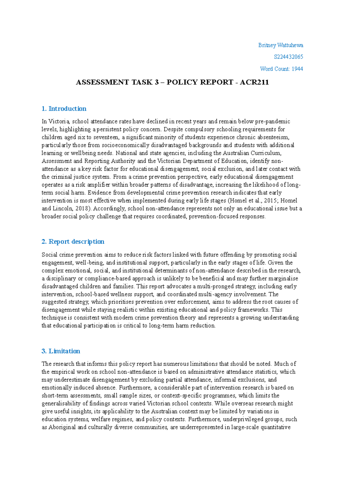 Assessment Task 3: Policy Report on School Absenteeism - ACR211 - Studocu