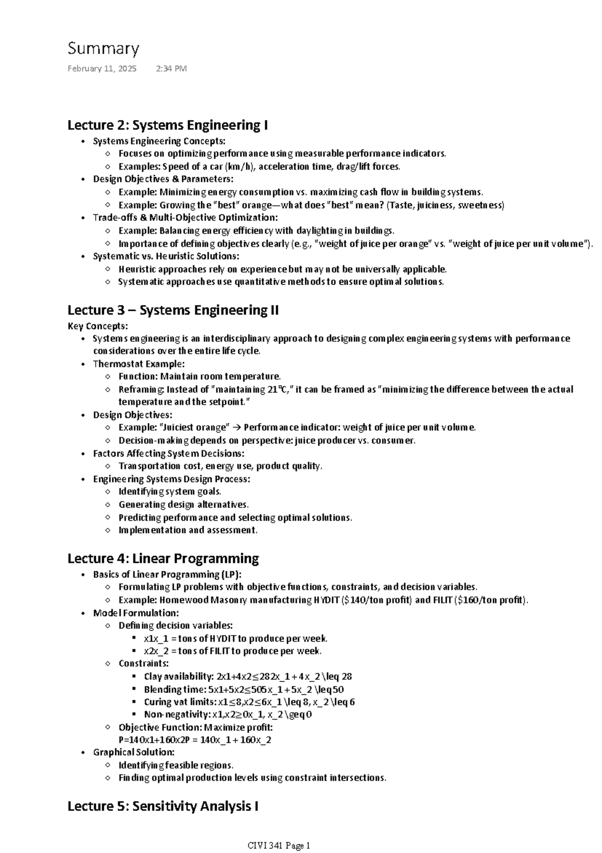 CIVI 341 Summary: Key Concepts in Systems Engineering & Linear ...