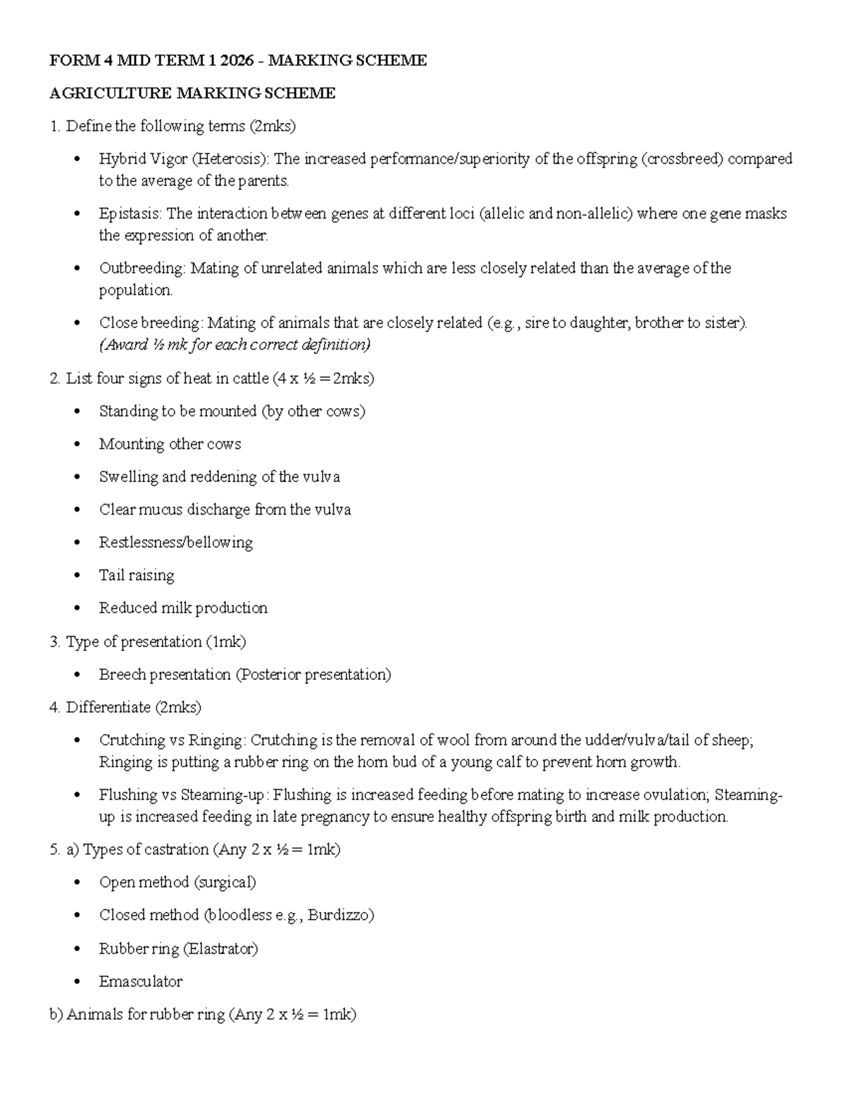 FORM 4 AGRICULTURE MID TERM 1 2026 MARKING SCHEME - Studocu