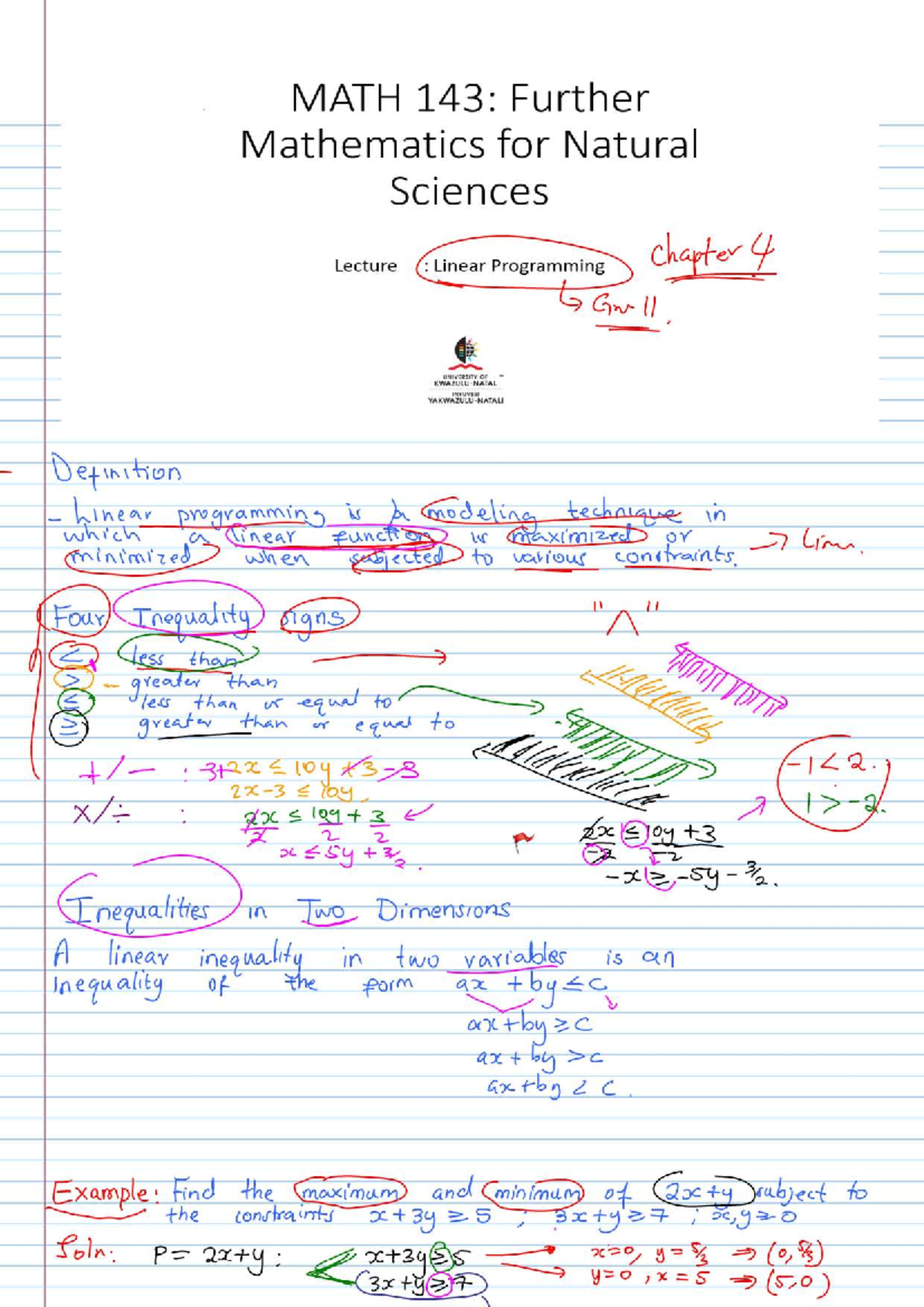 MATH 143: Lecture Notes on Linear Programming - Chapter 4 - Studocu