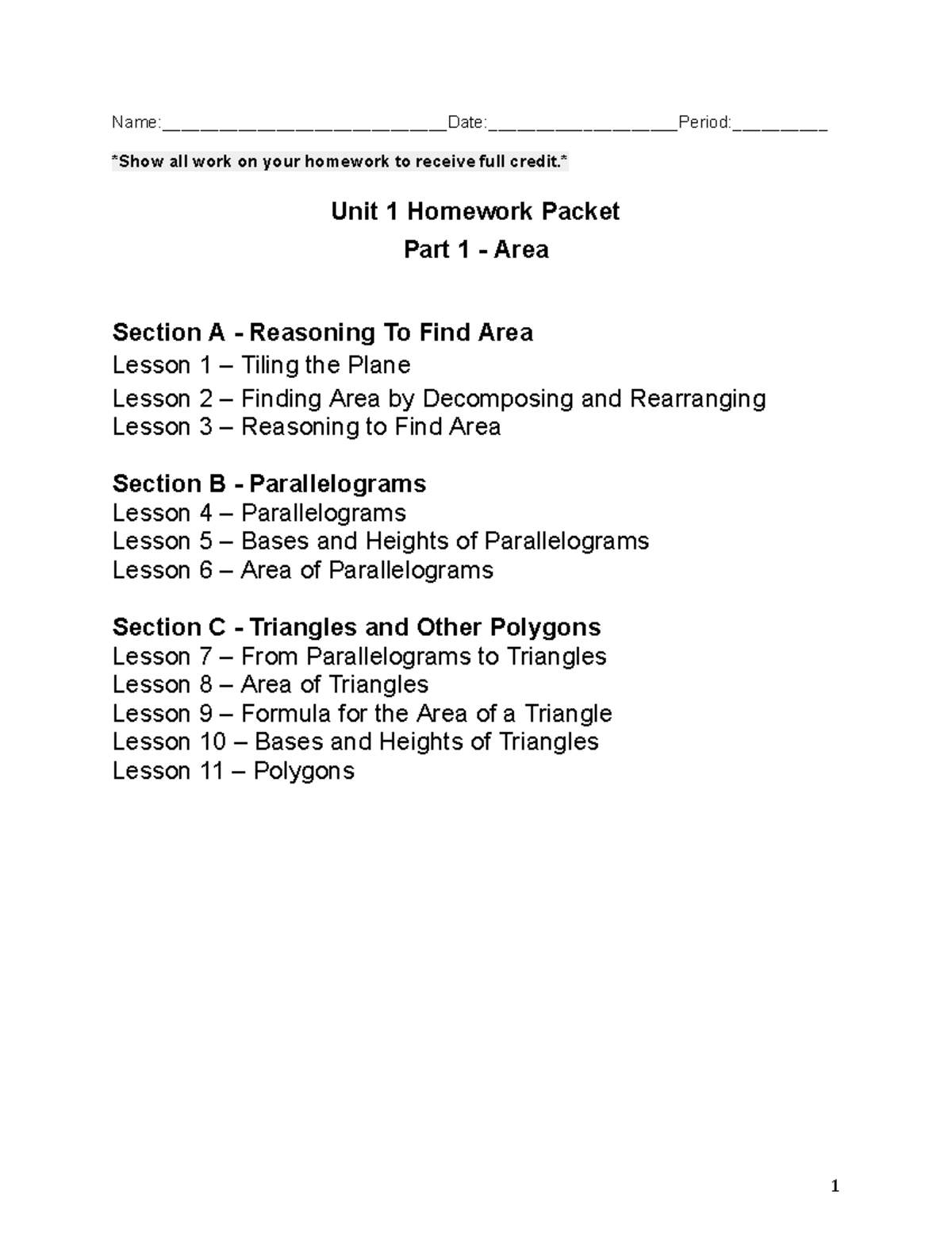 Unit 1 Homework Packet - Part 1: Area Concepts and Reasoning - Studocu