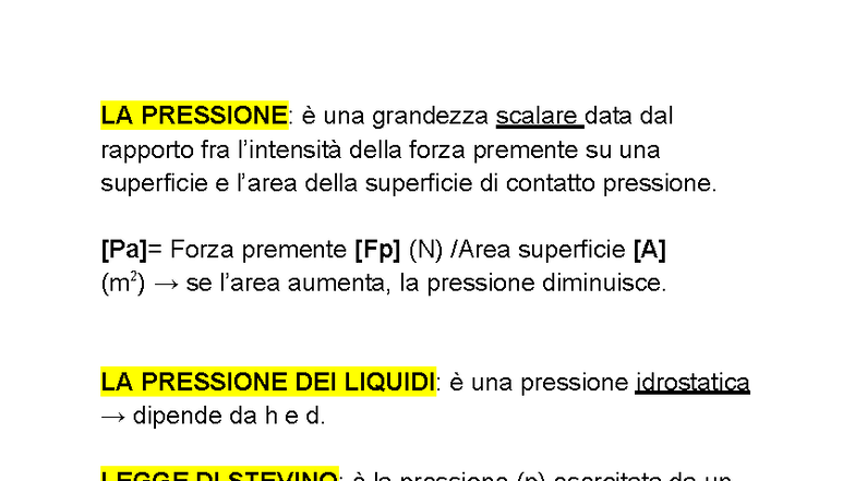 LA PRESSIONE E IL PRINCIPIO DI PASCAL: Presentazione di Fisica - Studocu