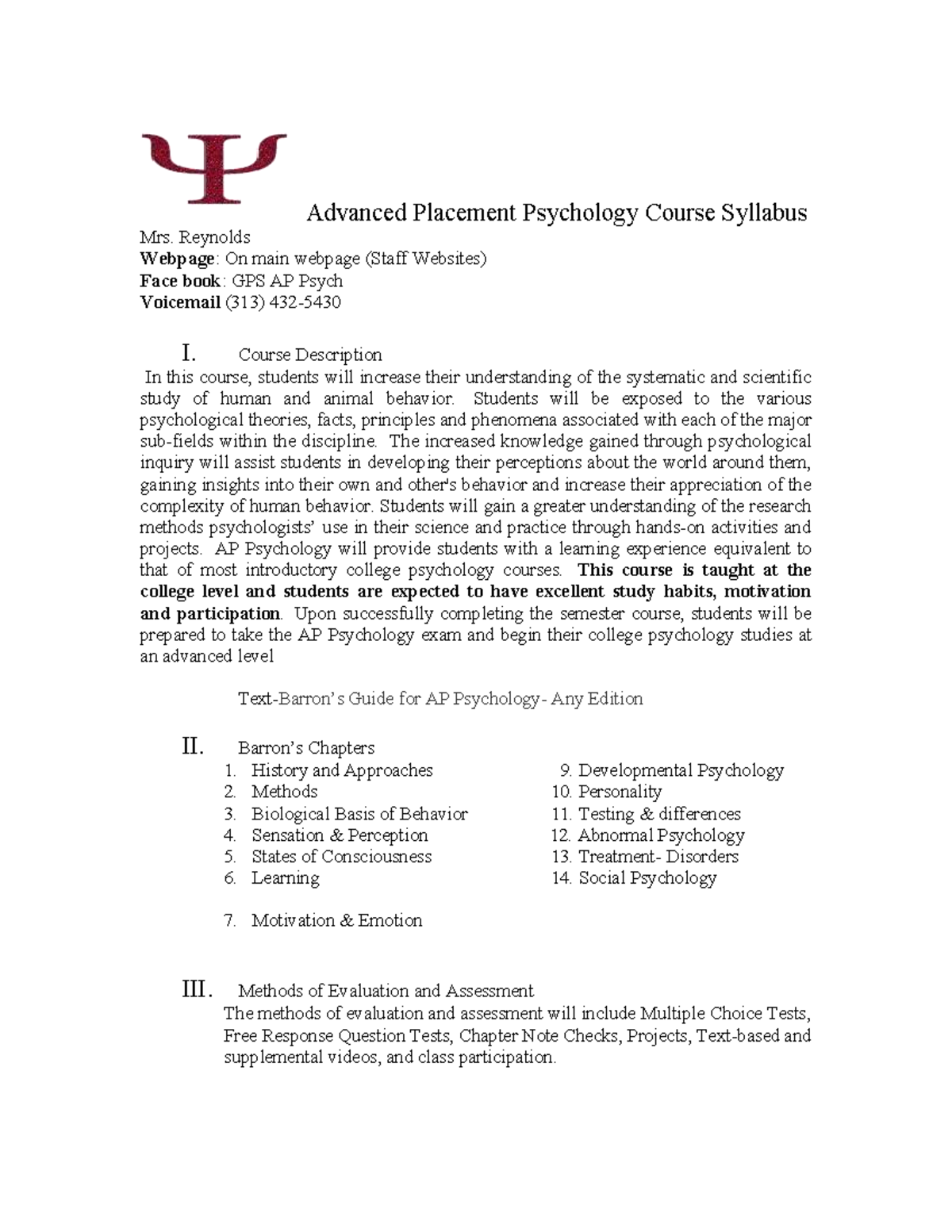 AP Psychology Course Syllabus (AP Psych) - Mrs. Reynolds - Studocu