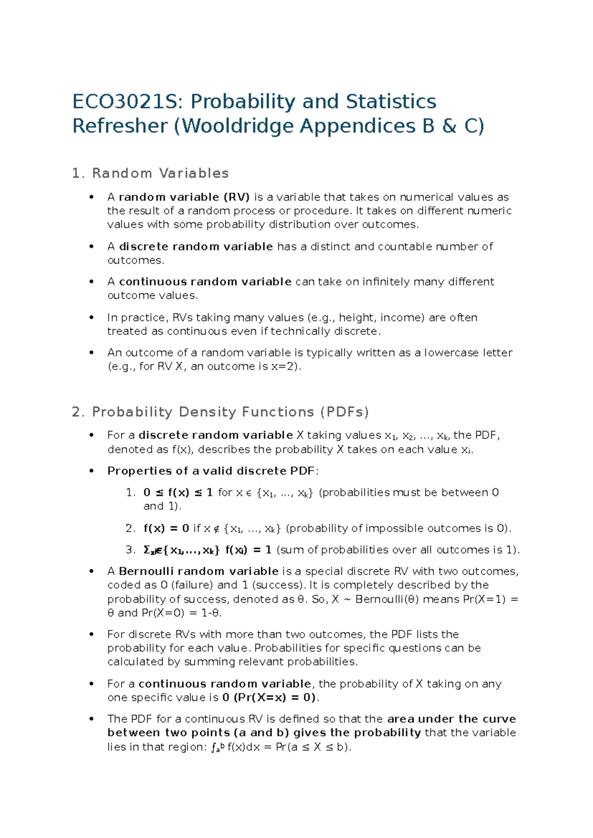 ECO3021S: Probability & Statistics Test 1 Notes (Wooldridge) - Studocu