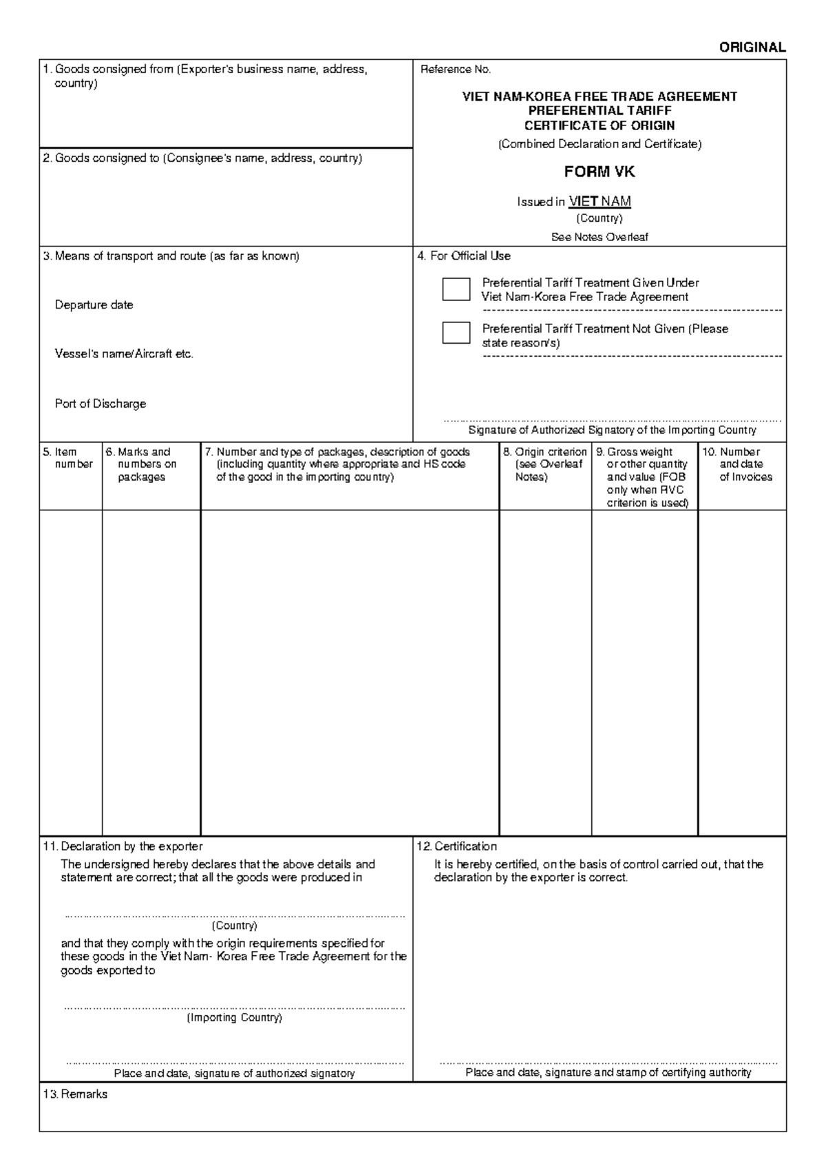 Form VK - Certificate of Origin for Viet Nam-Korea Trade - Studocu