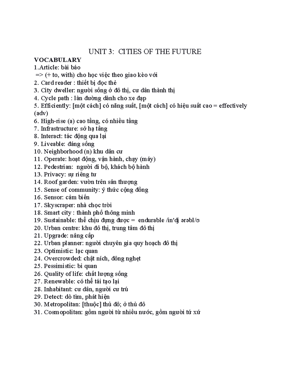 Unit 3 Vocab: Cities of the Future - Key Terms and Grammar Notes - Studocu