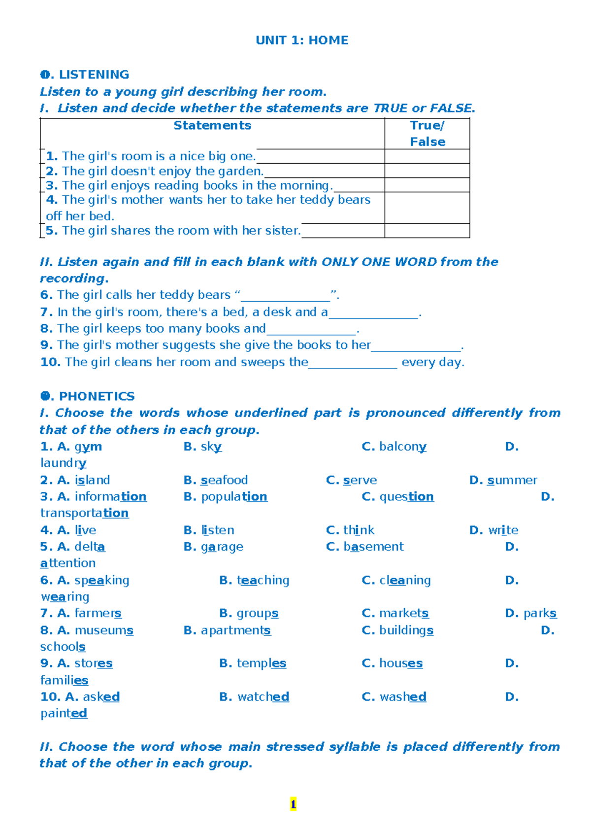 Anh 6 I Learn Smart World Unit 1: Listening, Phonetics, and Grammar ...