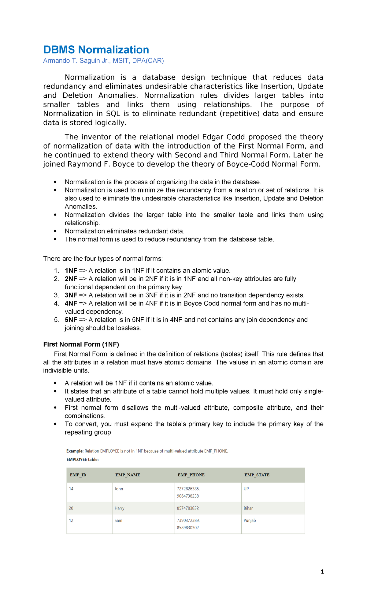 DBMS Normalization: Understanding Normal Forms and Their Benefits - Studocu