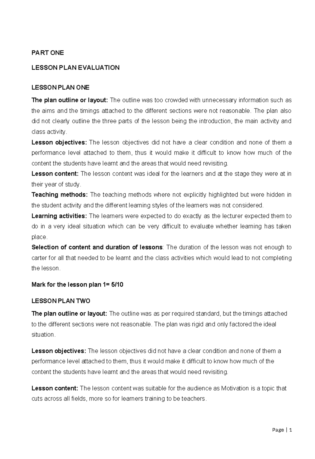 Lesson Plans - PART ONE LESSON PLAN EVALUATION LESSON PLAN ONE The plan ...