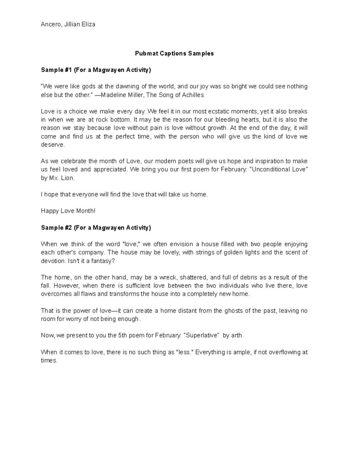 Pubmat Captions Samples for Magwayen Activities - Studocu