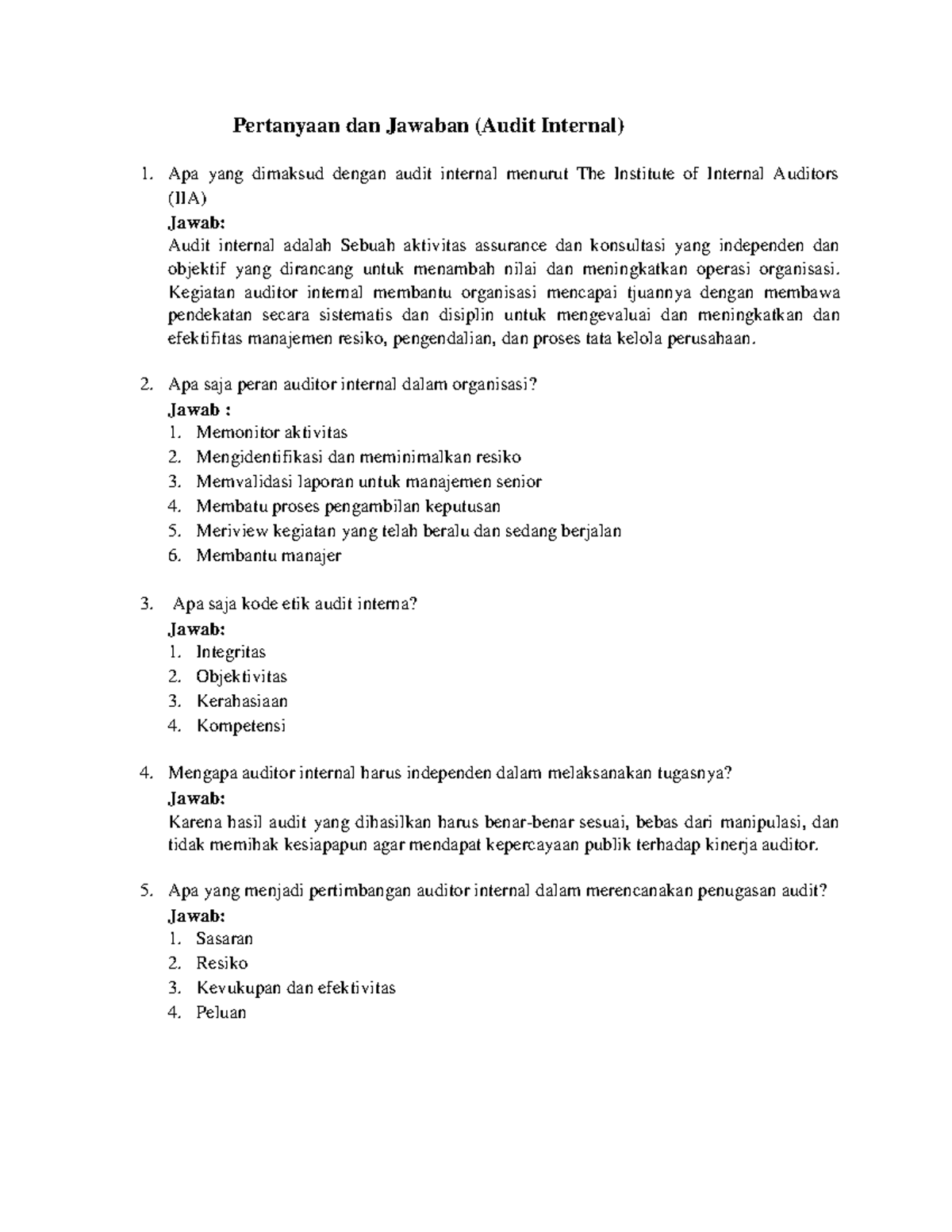 Soal dan Jawaban Audit Internal 1: Panduan Lengkap untuk Mahasiswa - Studocu
