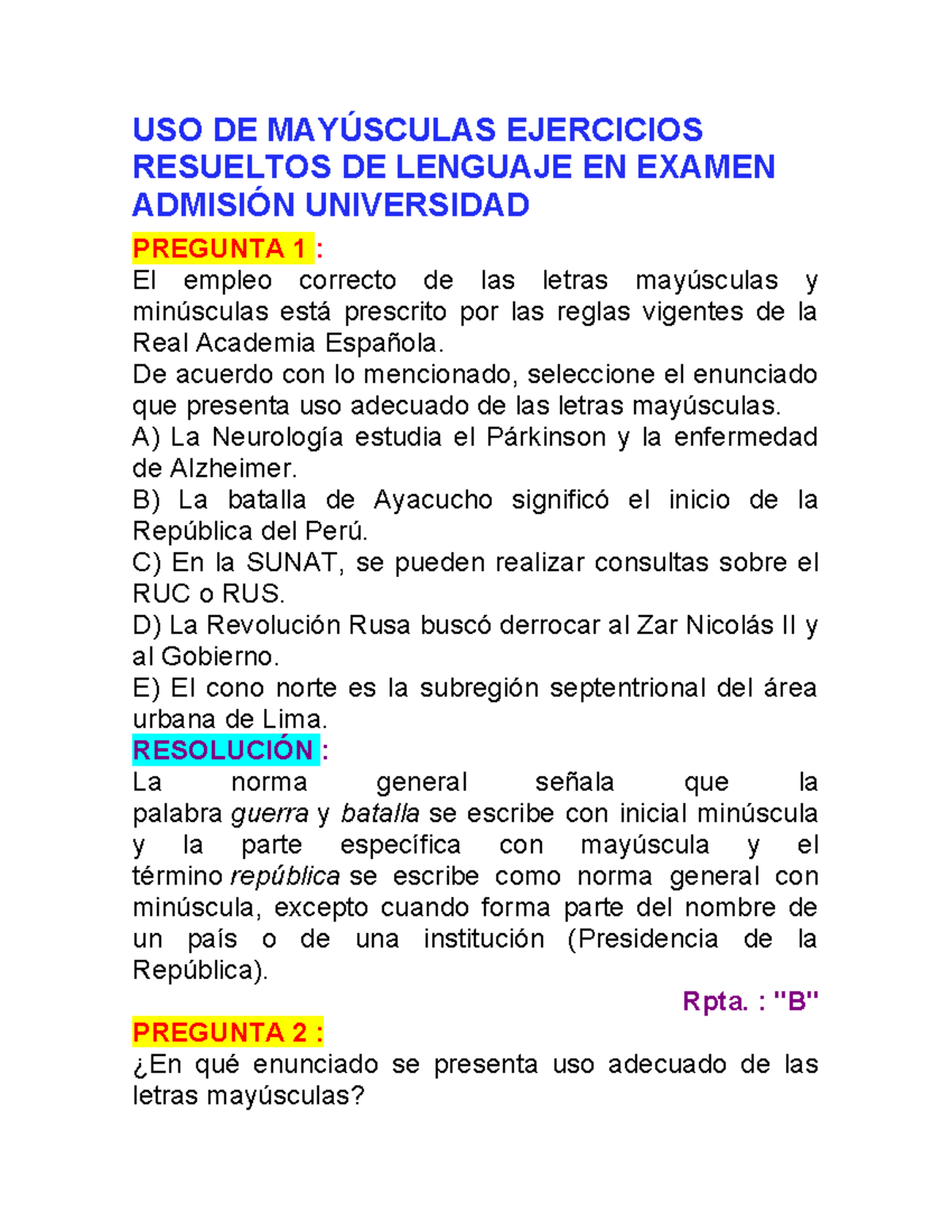 Ejercicios Resueltos sobre Uso de Mayúsculas para Examen de Admisión ...