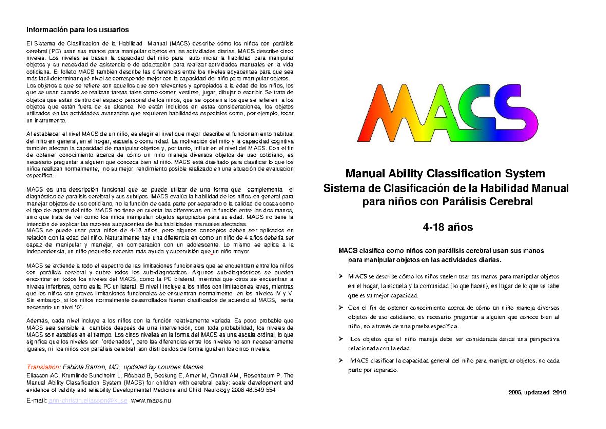 MACS 2010: Evaluación Estandarizada de Habilidad Manual en Niños - Studocu
