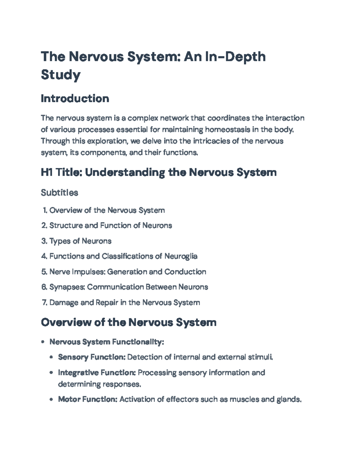Understanding the Structure & Function of the Nervous System (BIO101) - Studocu