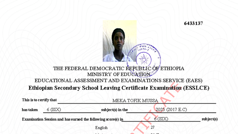 6433137 ESSLCE Exam Results for Meka Tofik Mussa - Studocu