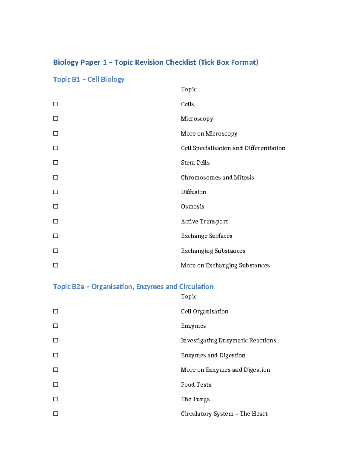 Biology Paper 1 Revision Checklist: Key Topics & Concepts - Studocu
