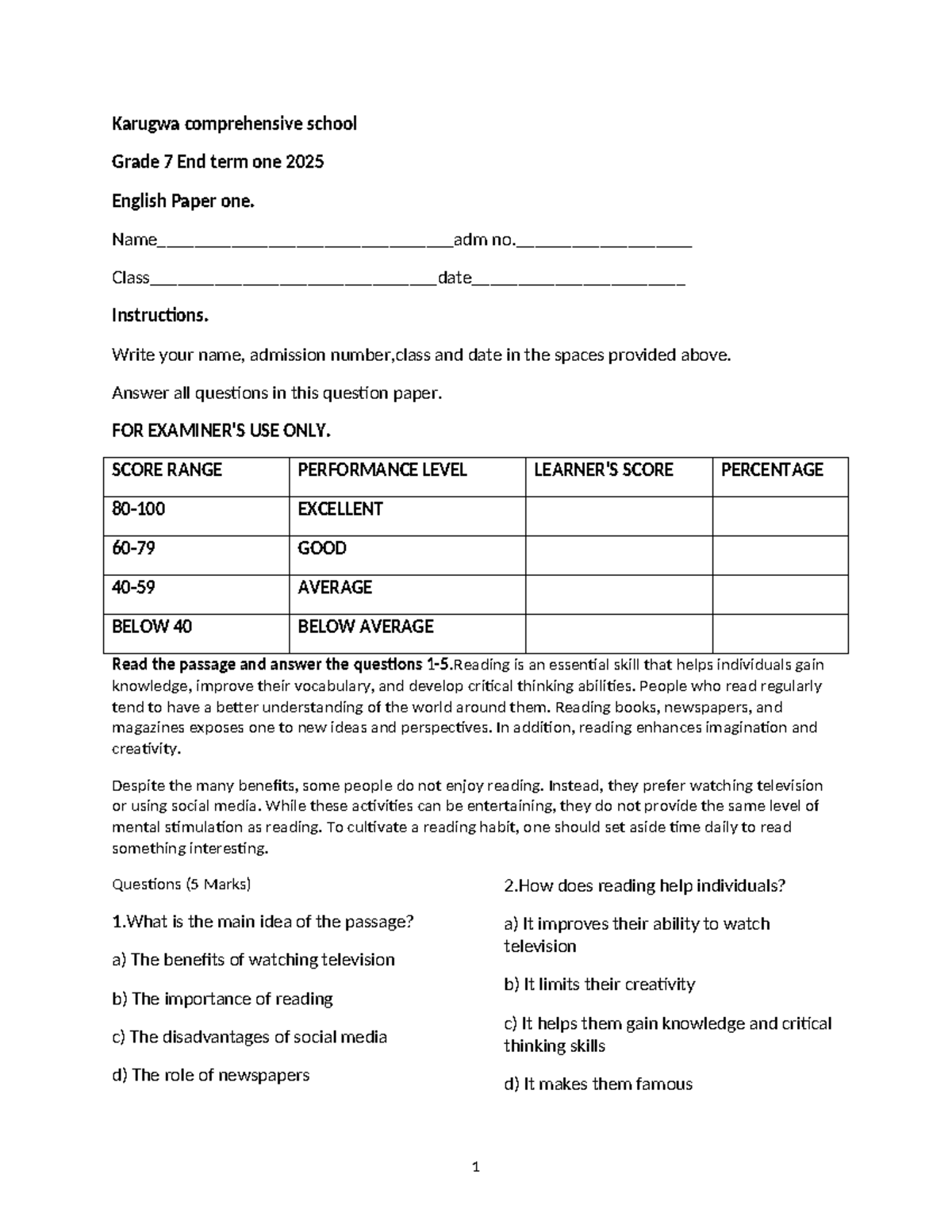 Grade 7 English Paper 1 Sample - End Term One 2025 - Studocu
