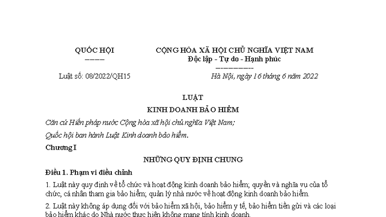 Luật Kinh Doanh Bảo Hiểm 2022 - QH15 465916 - Studocu