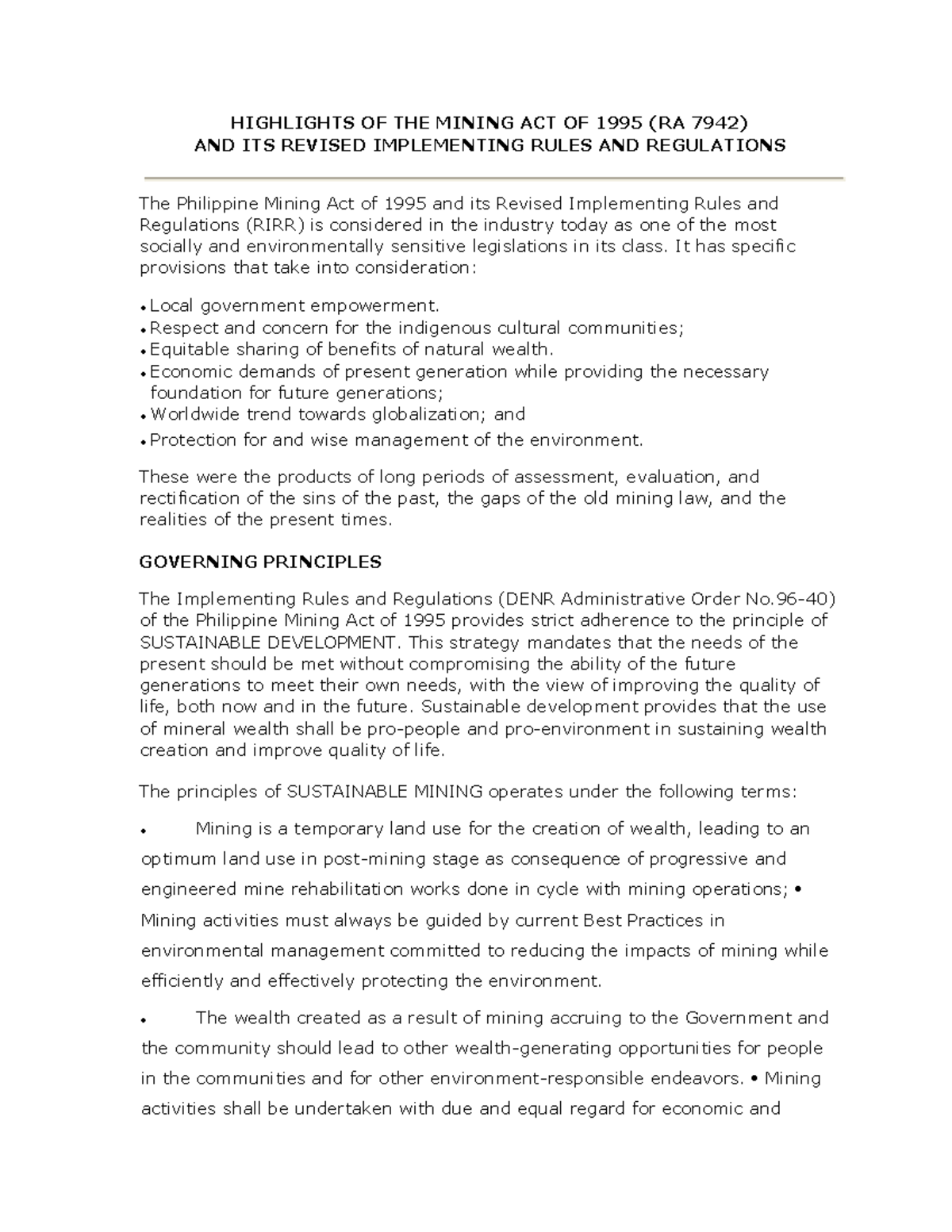 Key Highlights of The Mining Act of 1995 (RA 7942) and Its IRR - Studocu
