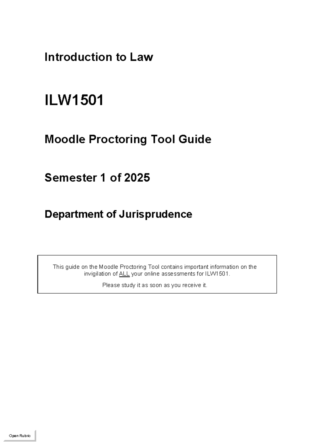 ILW1501 Moodle Proctoring Tool Guide: Essential Info for Semester 1 ...