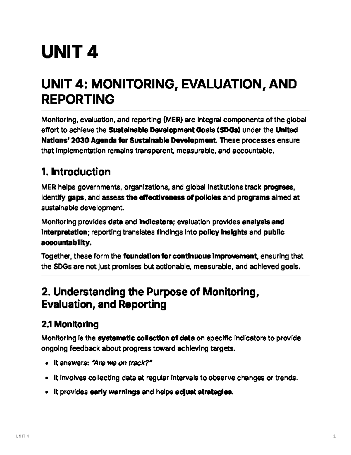 SDG UNIT 4: Monitoring, Evaluation, and Reporting for Sustainable ...