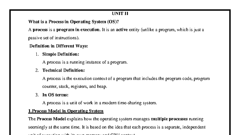 UNIT II OS Notes: Understanding Processes and Threads - Studocu