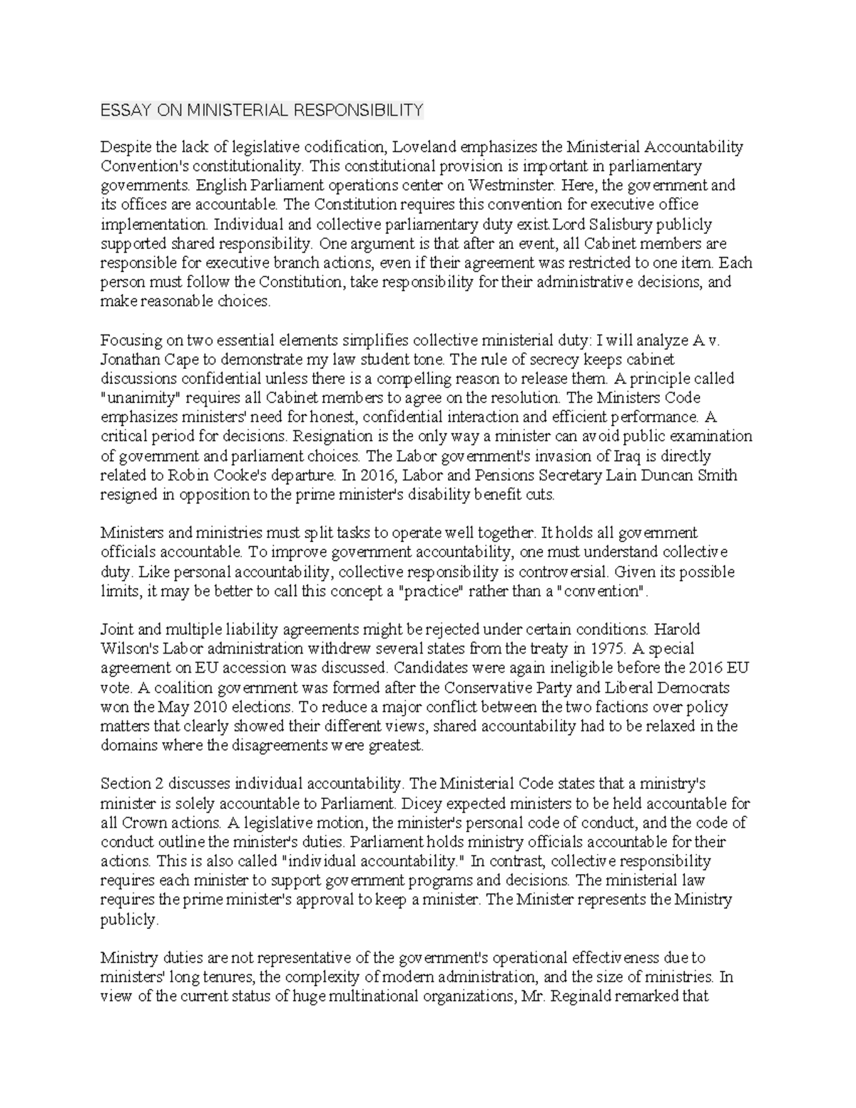 Essay on Ministerial Responsibility: Accountability in Government ...