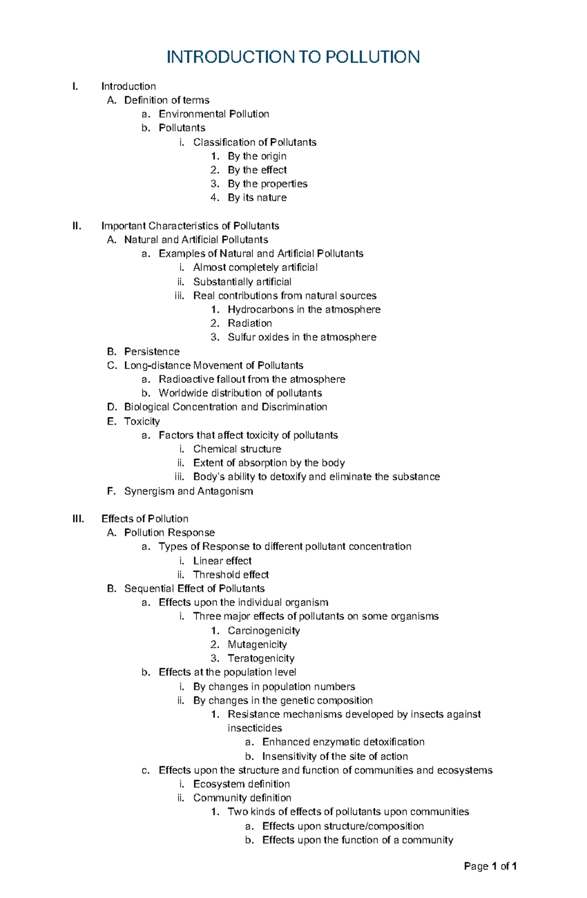 Introduction To Pollution Page 1 Of 1 Introduction To Pollution I Introduction A Definition