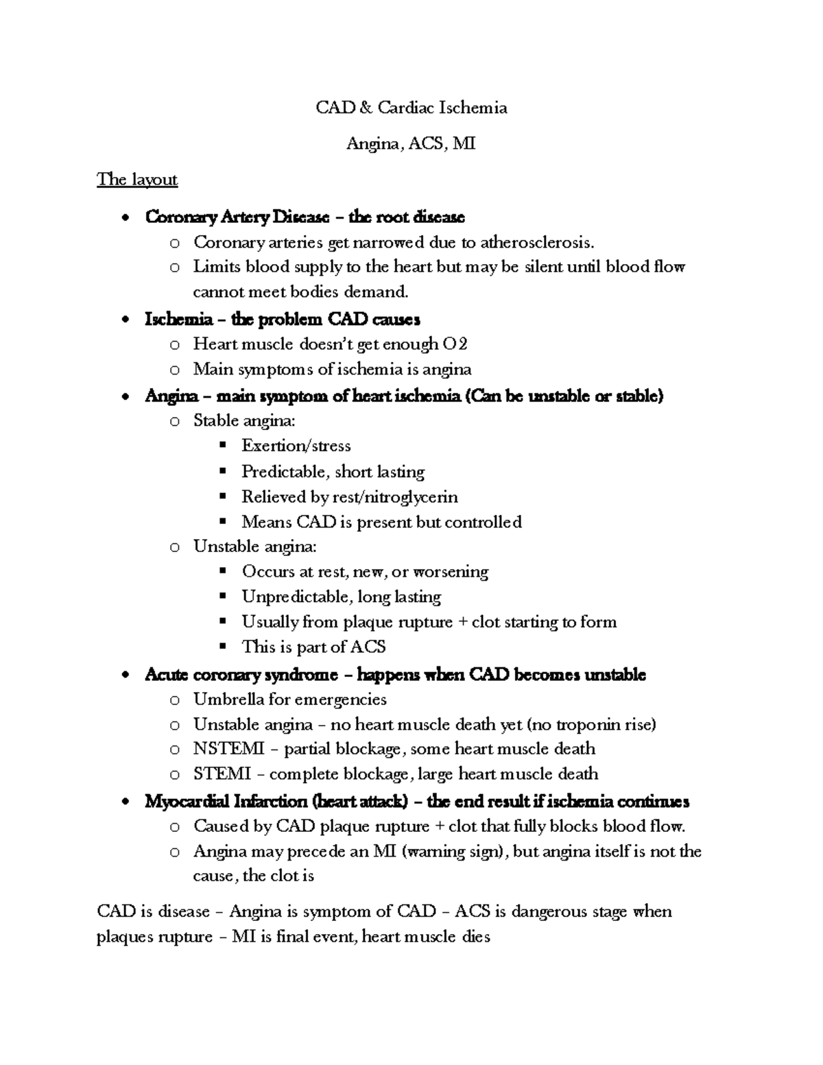 CAD, Angina, ACS, MI - Comprehensive Study Notes - Studocu