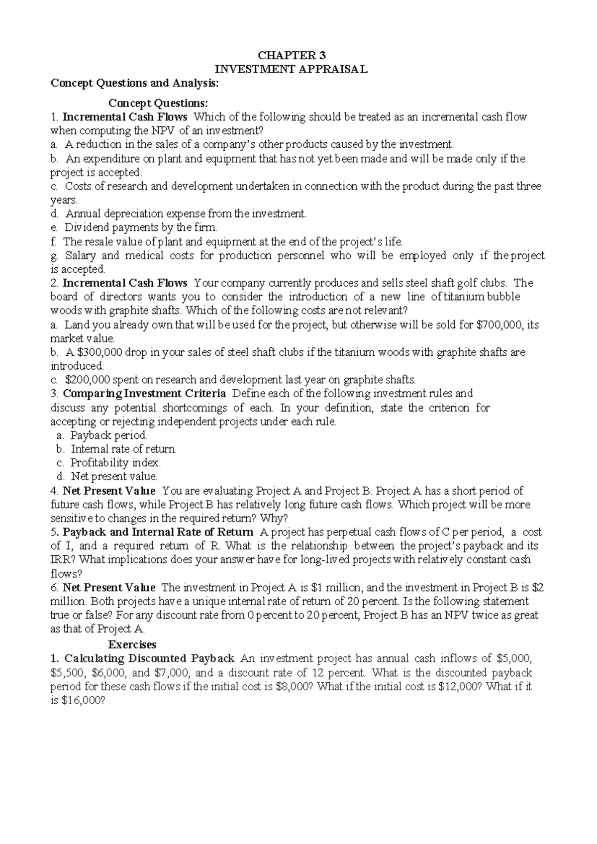 CHAPTER 3 - INVESTMENT APPRAISAL: Concept Questions & Exercises - Studocu