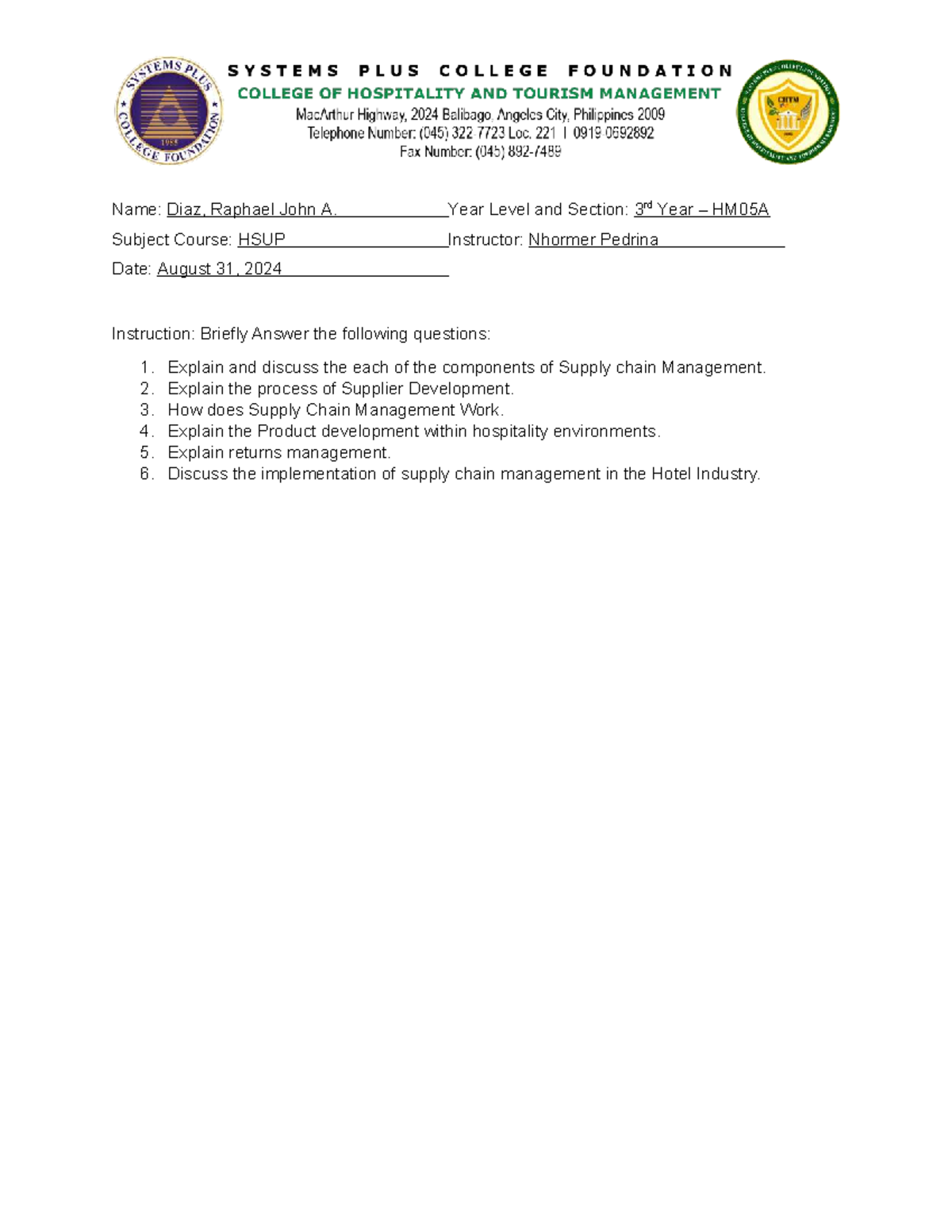 Supply Chain Management in Hospitality: HSUP Activity 1 Essay - Studocu