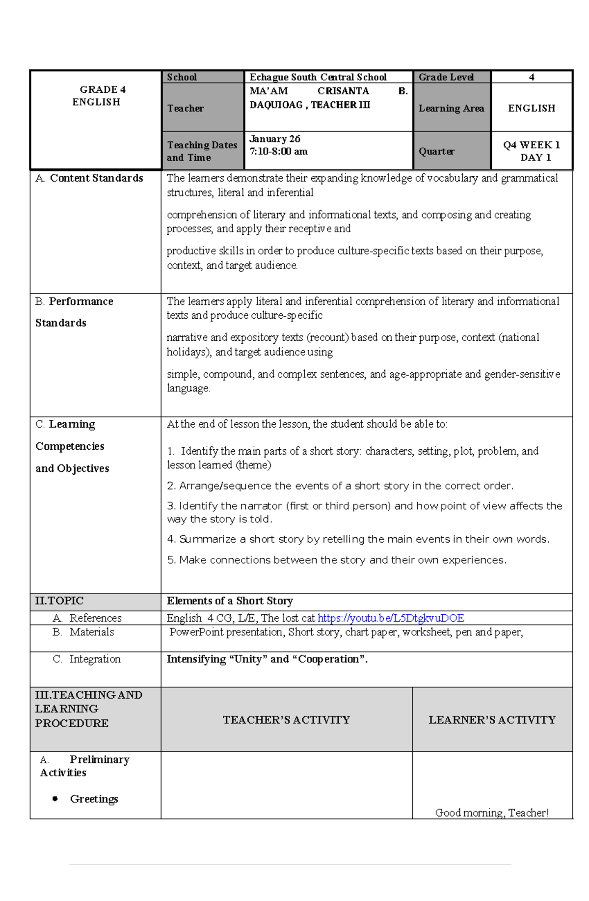 English 4 Q4 Week 1 Day 1: Understanding Short Stories - Studocu