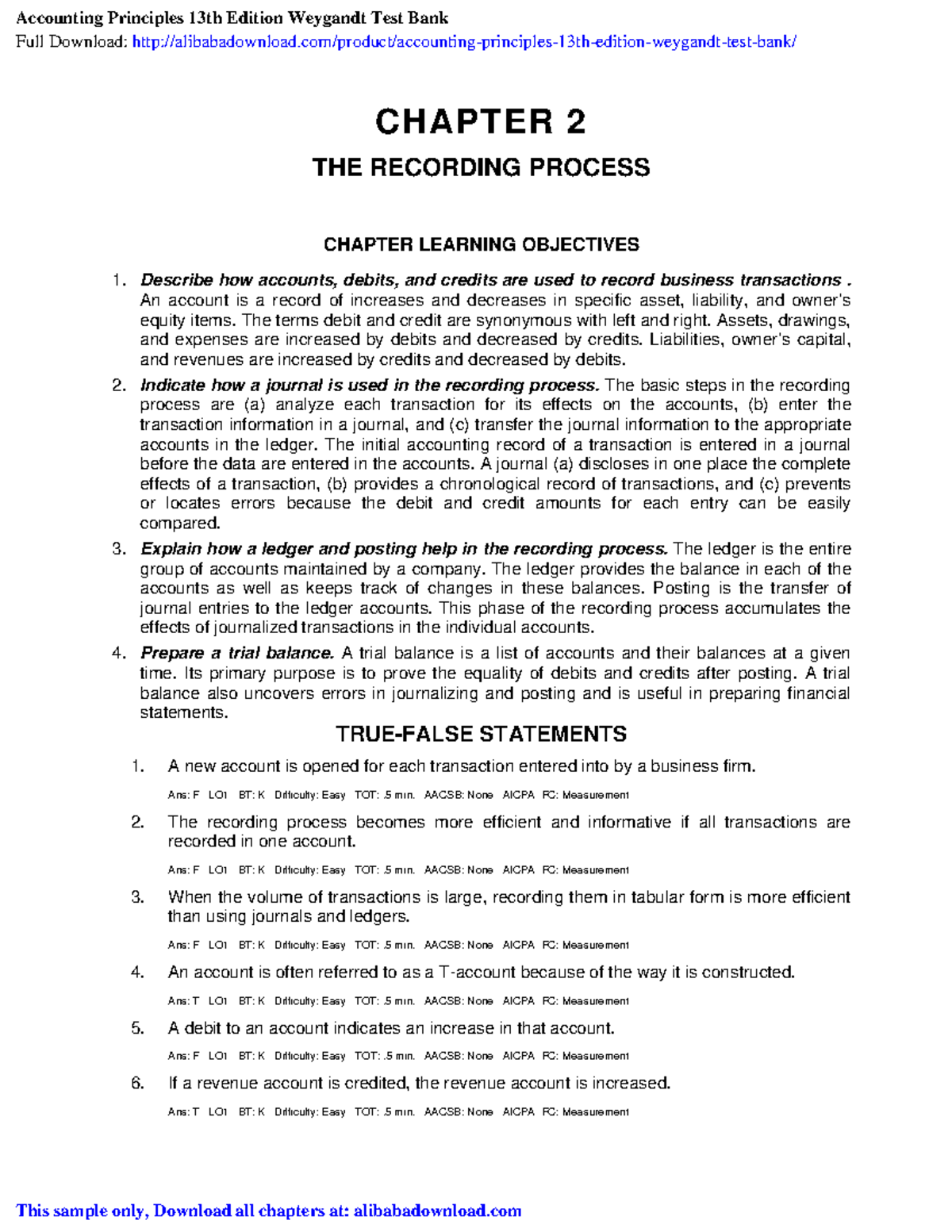 Test Bank for Accounting Principles (13th Ed) - Chapter 2: Recording ...