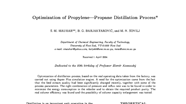 Optimization of Distillation Process for Propylene Production (CHE ...