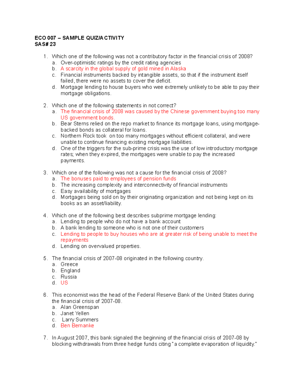 ECO 007 – Sample Quiz on Financial Crisis and Economic Factors - Studocu