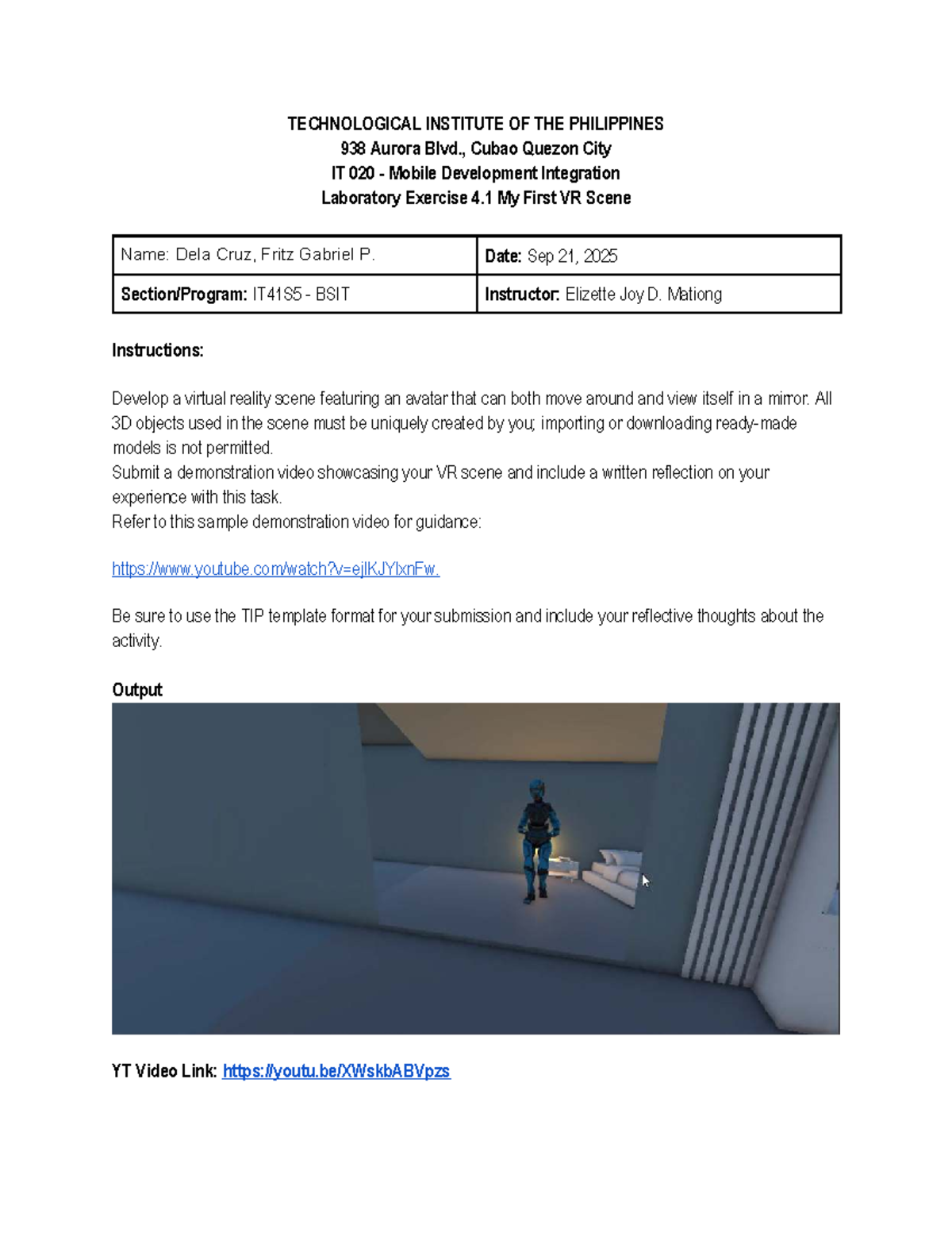 IT020 Lab Exercise 4.1: My First VR Scene by Dela Cruz - Studocu