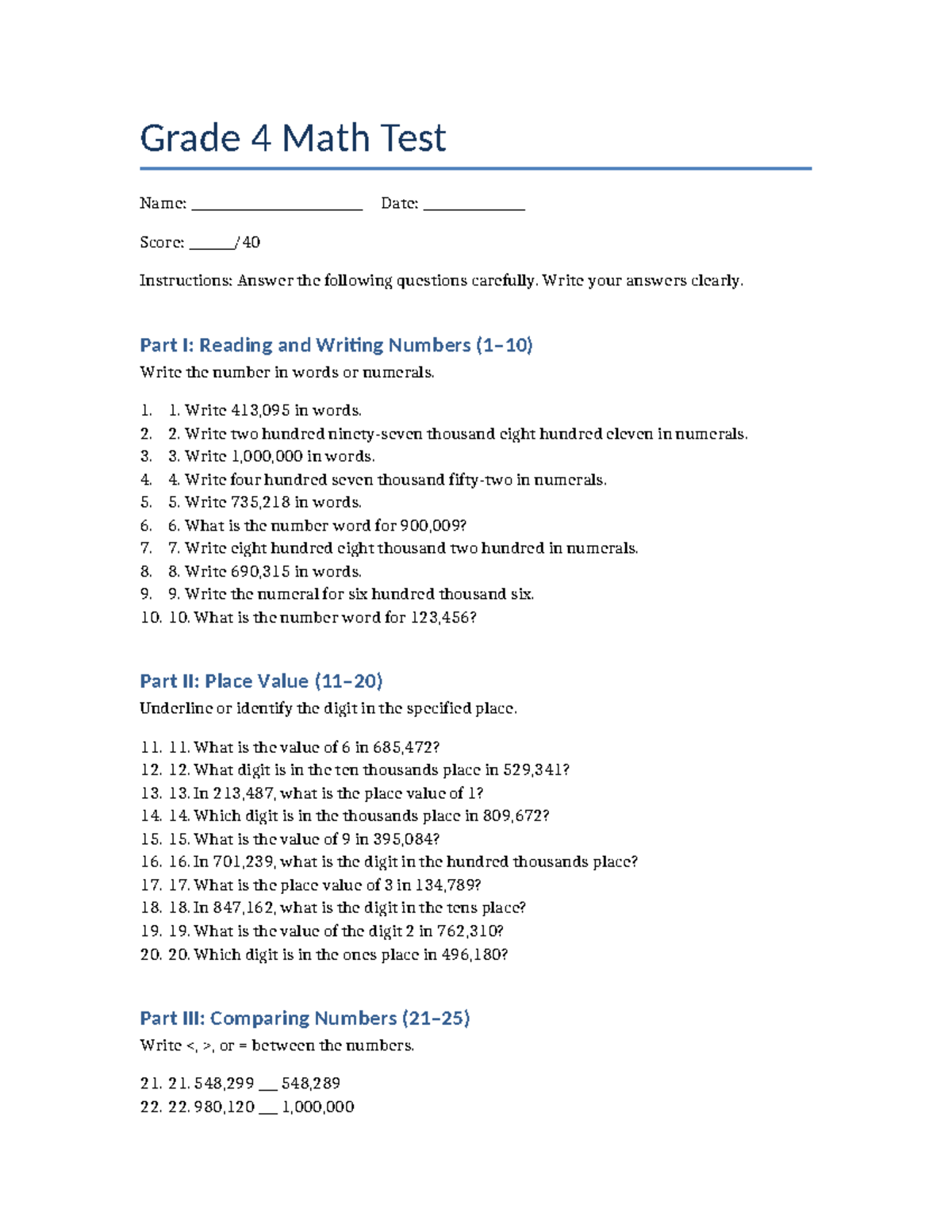 Grade 4 Math Test: Number Writing & Place Value Practice - Studocu